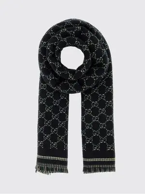 Gucci All-over Gg Motif Wool Scarf With Fringed Edges - Black