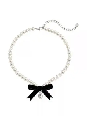 SELF-PORTRAIT Velvet Bow Faux Pearl Pendant Necklace - White