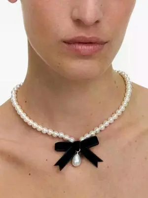 SELF-PORTRAIT Velvet Bow Faux Pearl Pendant Necklace