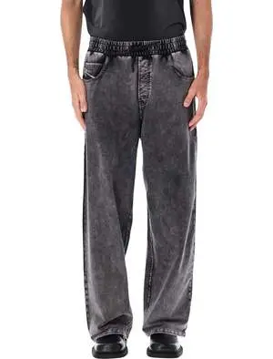DIESEL® Relaxed Fit Wide Leg Denim Pants With Drawstring Waist - Grey Washed