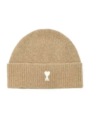 AMI Paris Wool-blend Beanie Hat With Logo Patch - Beige