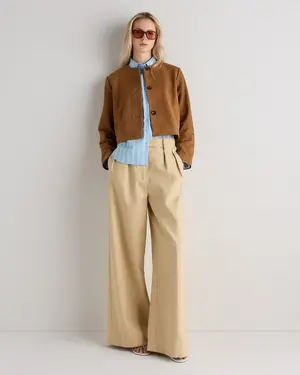 Quince 100% Suede Collarless Cropped Jacket - Cognac Brown