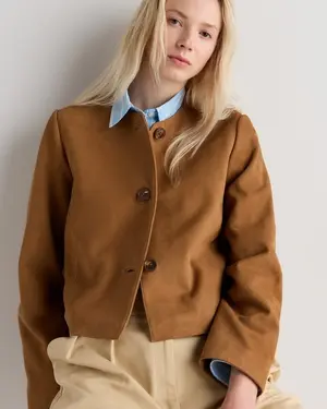 Quince 100% Suede Collarless Cropped Jacket - Cognac Brown
