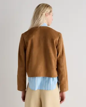 Quince 100% Suede Collarless Cropped Jacket - Cognac Brown