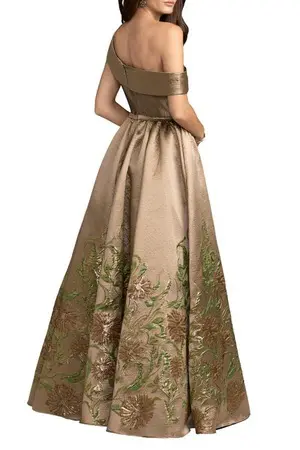 Mac Duggal Floral Off-the-shoulder Brocade Ball Gown