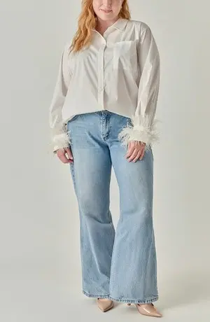 English Factory Faux Feather Trimmed Pointed Collar Shirt