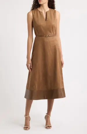 Elie Tahari Faux Suede & Faux Leather Midi Dress - Dark Sable