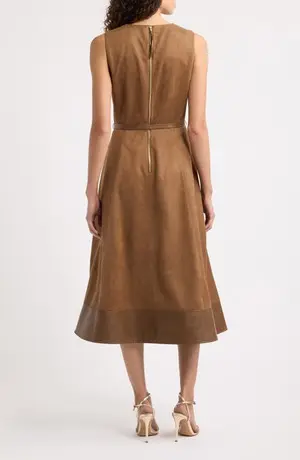 Elie Tahari Faux Suede & Faux Leather Midi Dress