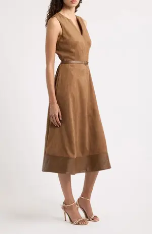 Elie Tahari Faux Suede & Faux Leather Midi Dress