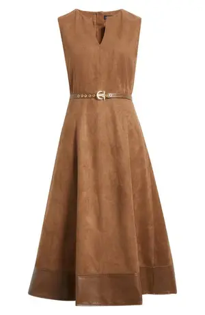 Elie Tahari Faux Suede & Faux Leather Midi Dress