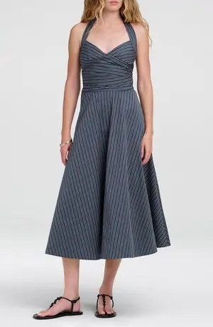 A.L.C. Magnolia Striped Halter Cotton Midi Dress - Carbon Blue Multi