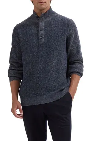 Bugatchi Wool & Cotton Ribbed Mock Neck Sweater With Four-button Placket - Navy