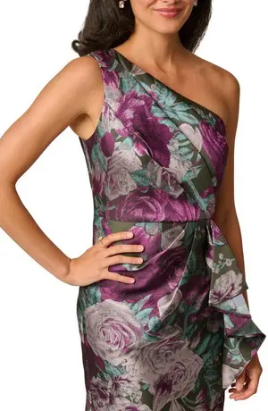 Adrianna Papell One-shoulder Floral Jacquard Gown