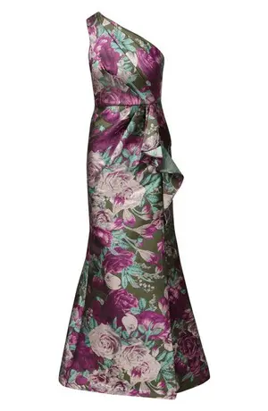 Adrianna Papell One-shoulder Floral Jacquard Gown
