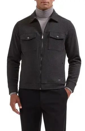 Bugatchi Houndstooth Full Zip Blouson Jacket - Black