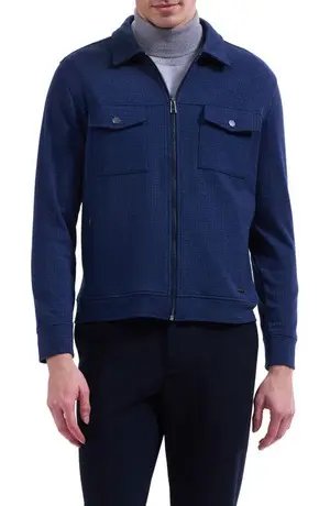 Bugatchi Houndstooth Full Zip Blouson Jacket Navy