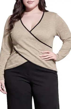 STANDARDS & PRACTICES Contrast Long Sleeve Wrap Front Top - Khaki