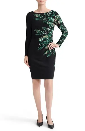 KASPER Floral Long Sleeve Side Pleat Dress