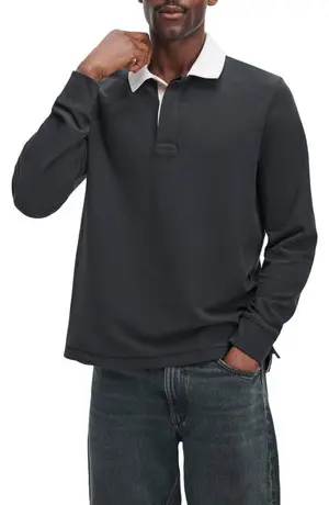Rag & Bone Classic Long Sleeve Pima Cotton Piqué Rugby Polo - Black