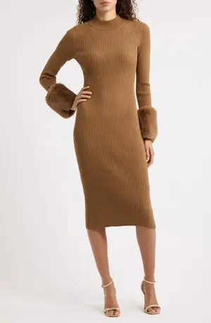 Elie Tahari Savannah Faux Fur Cuff Ribbed Sweater Dress - Sable