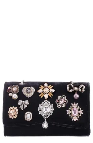 Nina Navi Crystal Brooch Velvet Clutch - Black