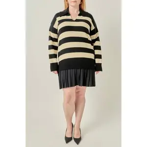 English Factory Mixed Media Striped Pleated Minidress