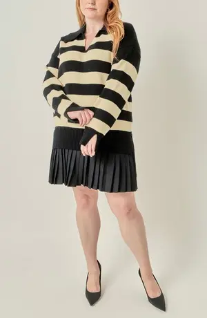 English Factory Mixed Media Striped Pleated Minidress