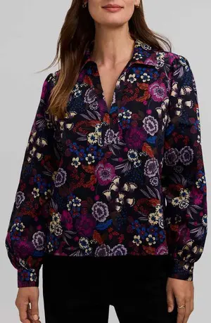Foxcroft Alix Long Sleeve Autumn Floral Poplin Top - Black/multi