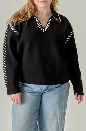 English Factory Blanket Stitch Detail Knit Top