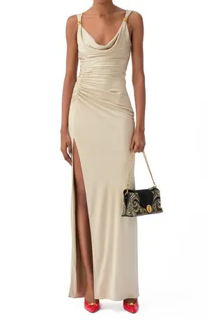Versace Draped Liquid Jersey Gown With Medusa Hardware - Mastic