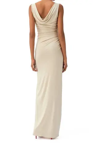 Versace Draped Liquid Jersey Gown With Medusa Hardware - Mastic