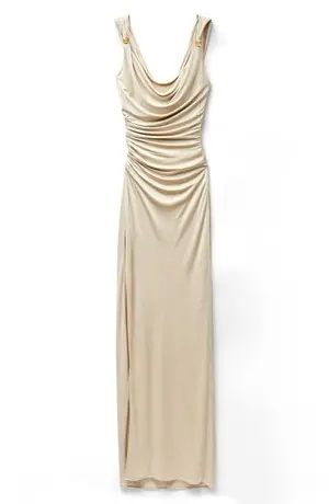 Versace Draped Liquid Jersey Gown With Medusa Hardware - Mastic