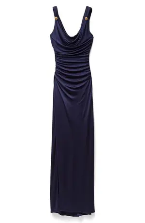Versace Draped Liquid Jersey Gown - Navy