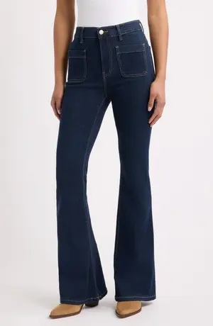 Warp + Weft Mia Patch Pocket High Waist Flare Jeans - Long Gone