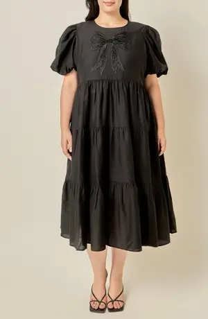 English Factory Bow Puff Sleeve Midi Dress