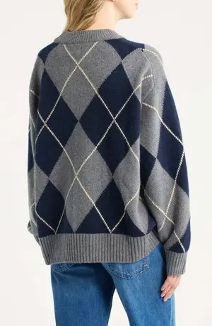 REFORMATION Oversized Recycled Cashmere & Wool Argyle Sweater - Thunder Multi Argyle
