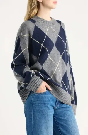 REFORMATION Oversized Recycled Cashmere & Wool Argyle Sweater - Thunder Multi Argyle
