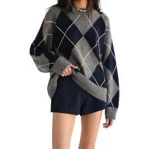 REFORMATION Oversized Recycled Cashmere & Wool Argyle Sweater - Thunder Multi Argyle