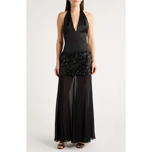 Shona Joy Bianca Sequin Halter Gown - Black