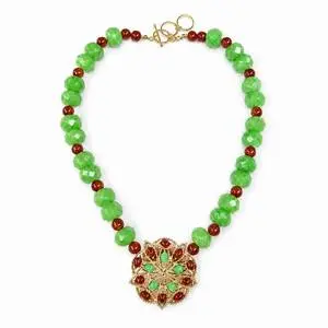Way To Chic Emerald Legacy Agate And Carnelian Necklace With Vintage Sarah Coventry Brooch Pendant - Green