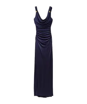 Versace Draped Column Gown With Medusa Accents - Navy