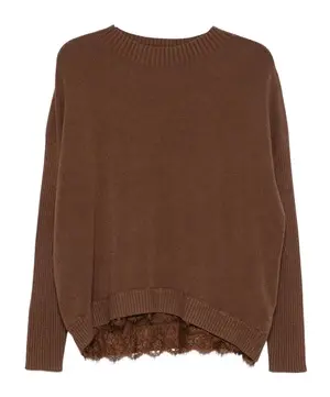 ERMANNO FIRENZE Ribbed-sleeve Sweater With Lace Trim - Brown
