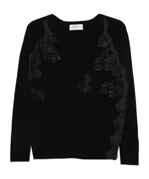 ERMANNO FIRENZE Lace-panel V-neck Sweater - Black