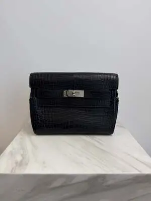 Hermès Kelly Messenger Matte Porosus Palladium Hardware - Black