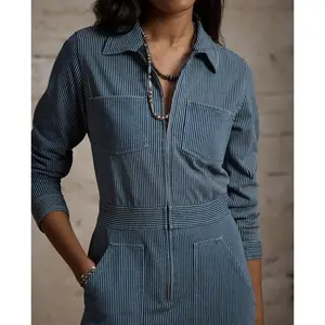 Ralph Lauren Indigo Striped Cotton-linen Jumpsuit