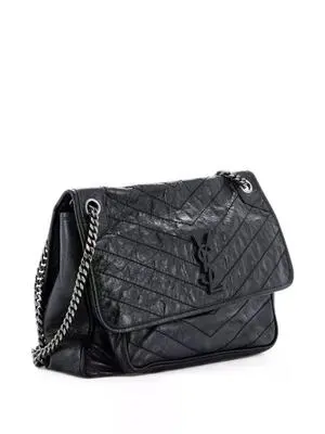 Saint Laurent Niki Chain Flap Bag Matelasse Chevron Leather Large Shoulder Bag - Black