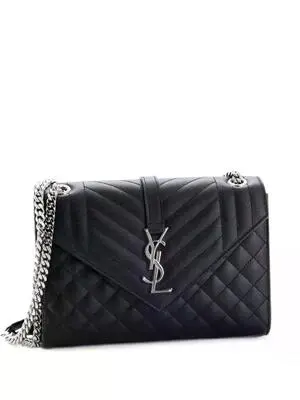 Saint Laurent Classic Monogram Envelope Satchel Mixed Matelasse Leather Medium Shoulder Bag - Black