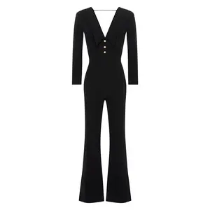 ZETAYE Zetaye Harmony Jumpsuit With Deep V Neck And Button Detail Black