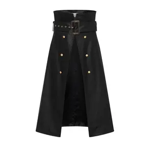 ZETAYE Harper Leather Wrap Trench Skirt - Black