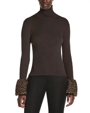Alexander McQueen Wool Ribbed Turtleneck Sweater With Feathered Cuffs
